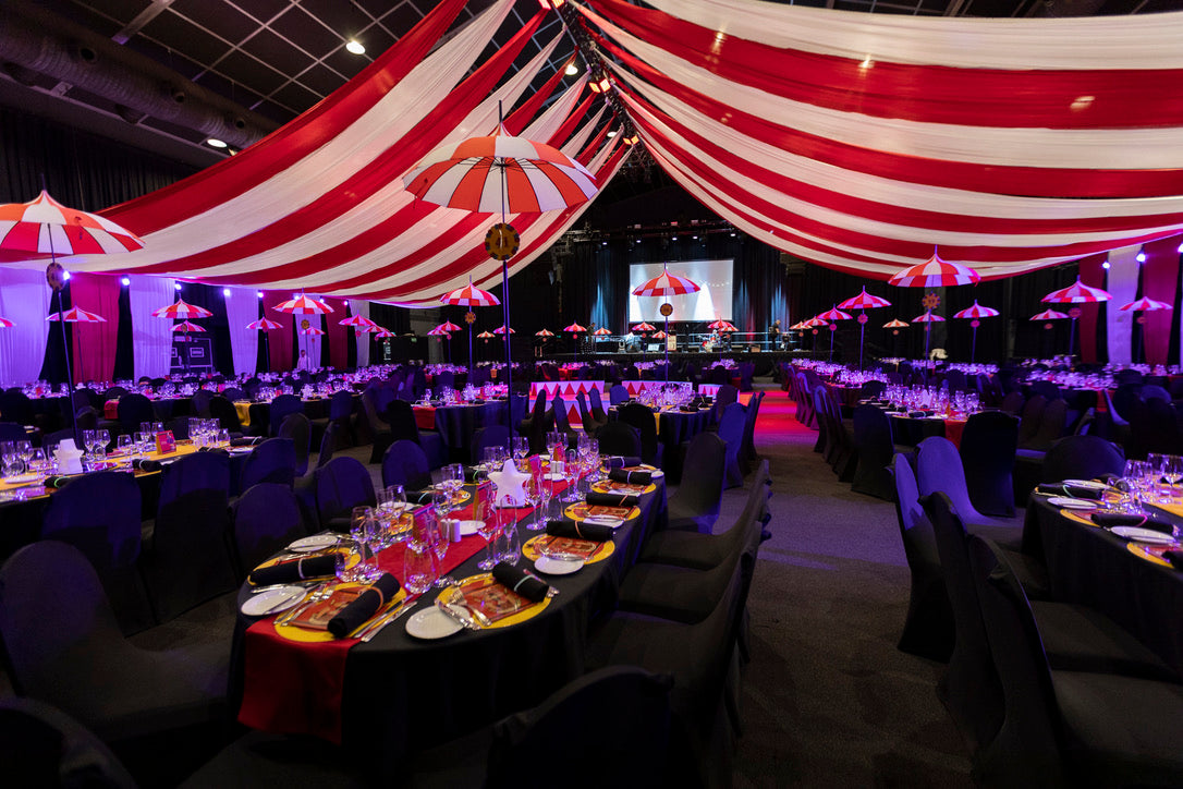 Circus ceiling drapes Luna Park Big Top – Fairytale Events Pty Ltd