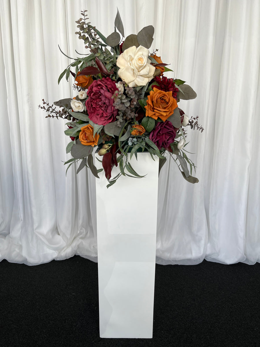 Rectangle plinth white with Mackenzie floral – Fairytale Events Pty Ltd