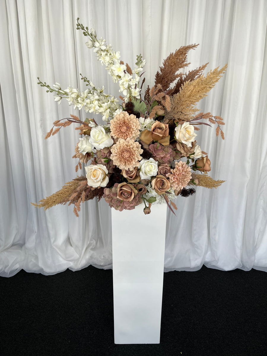 Rectangle plinth white with Elizabeth floral – Fairytale Events Pty Ltd