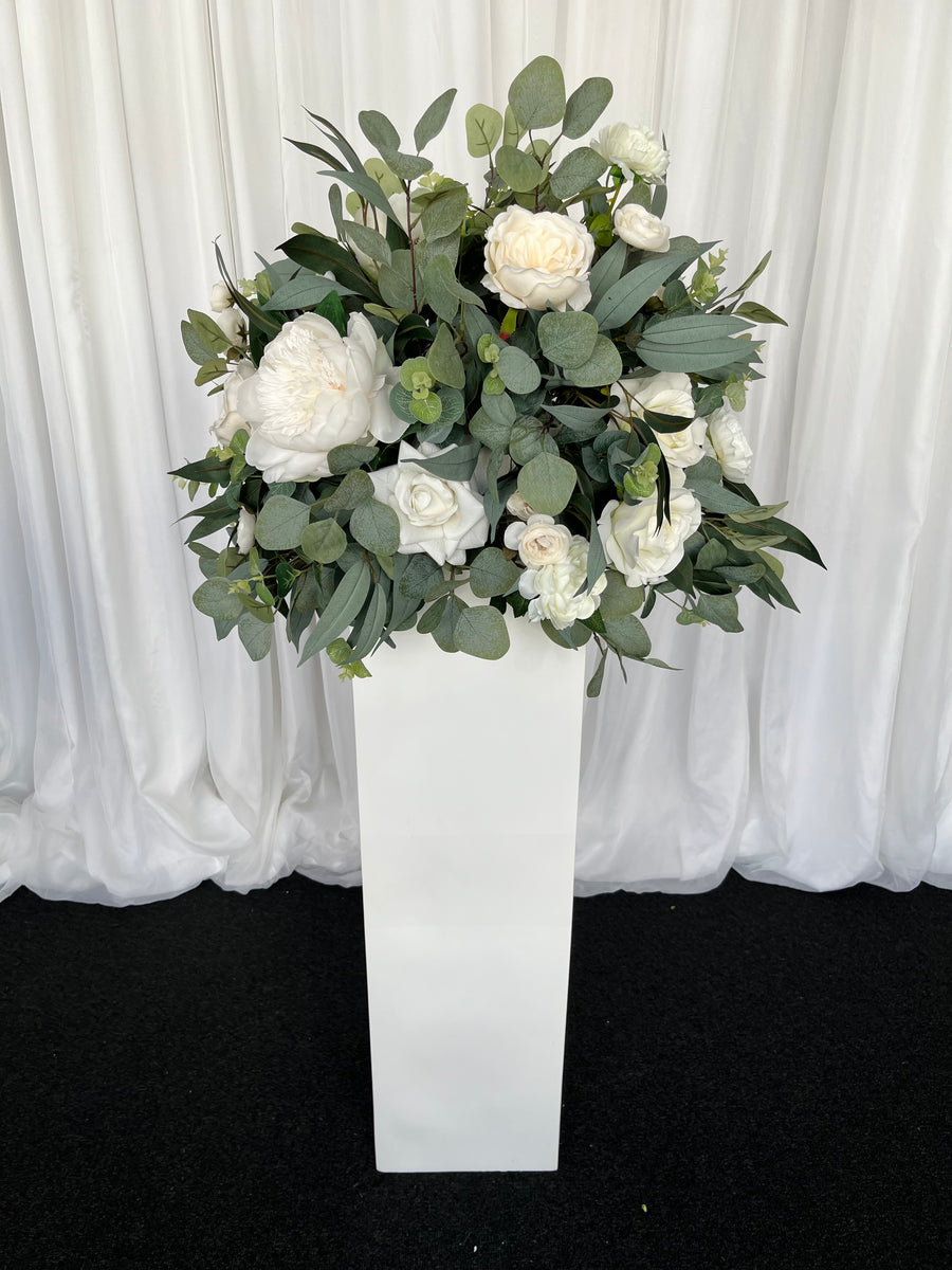 Rectangle plinth white with Sarah floral – Fairytale Events Pty Ltd