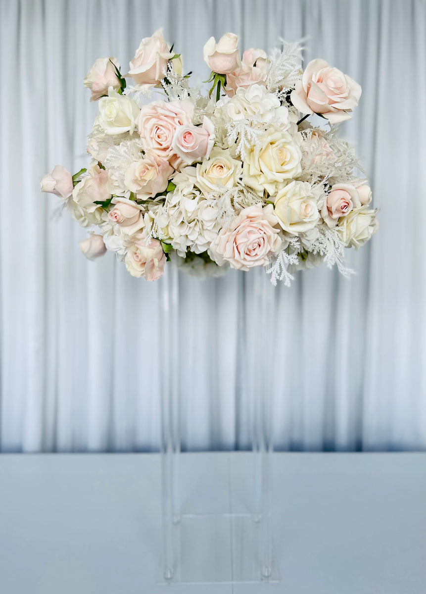Alanah floral on clear rectangle flower stand – Fairytale Events Pty Ltd