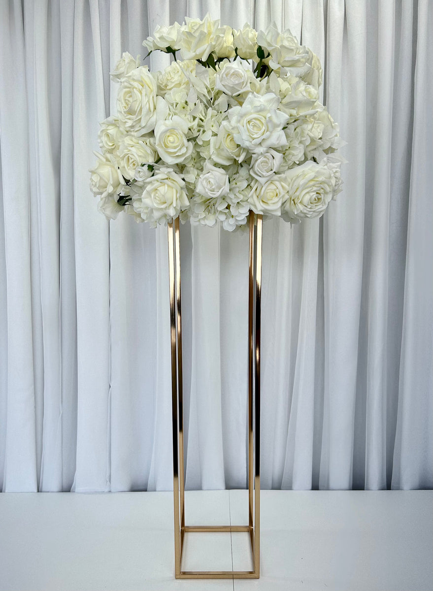 Eve floral on gloss gold rectangle flower stand – Fairytale Events Pty Ltd