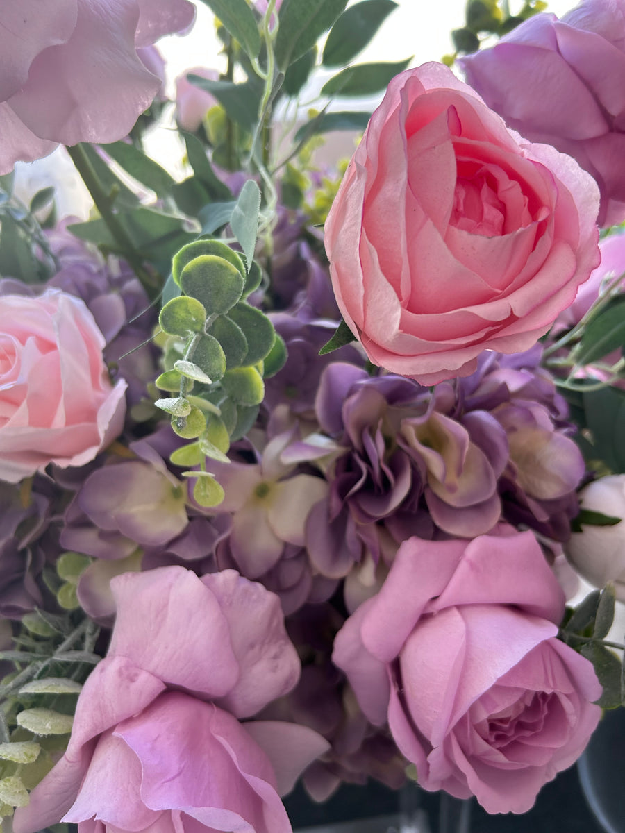Esther floral on clear rectangle flower stand – Fairytale Events Pty Ltd
