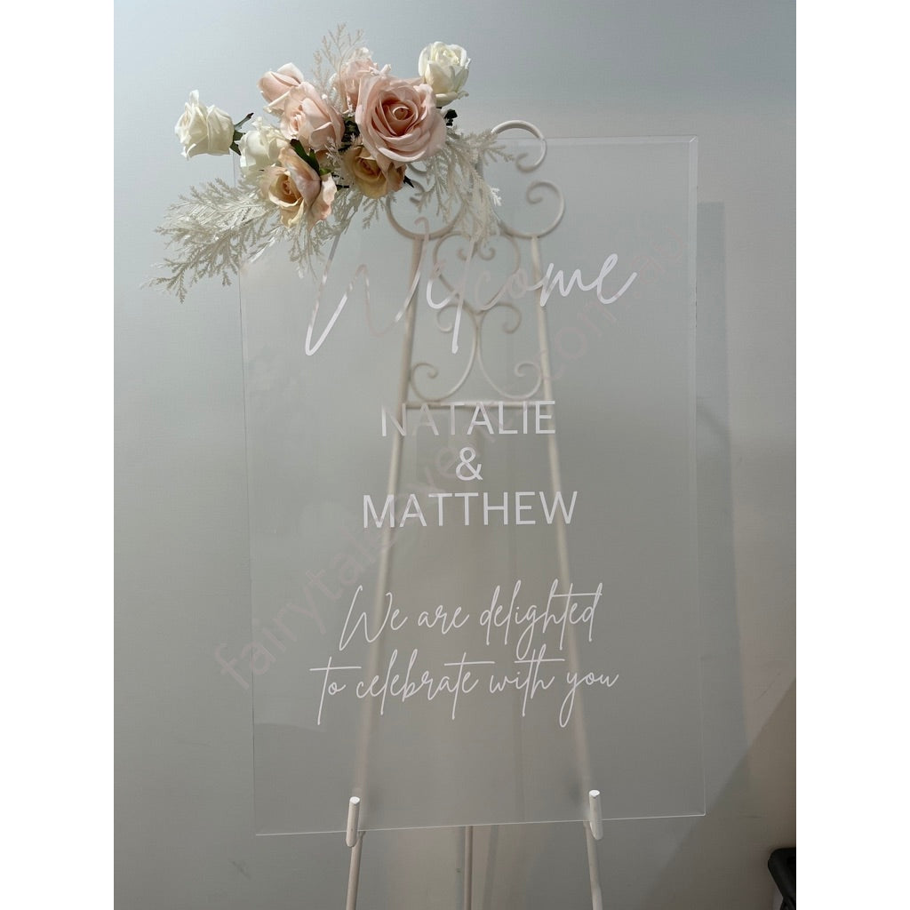 Frosted rectangle sign with Alanah floral on white easel – Fairytale ...