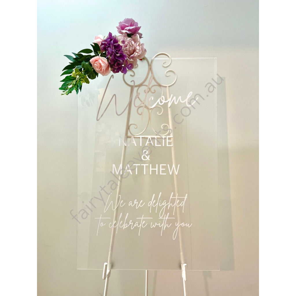 Frosted rectangle sign with Esther floral on white easel – Fairytale ...