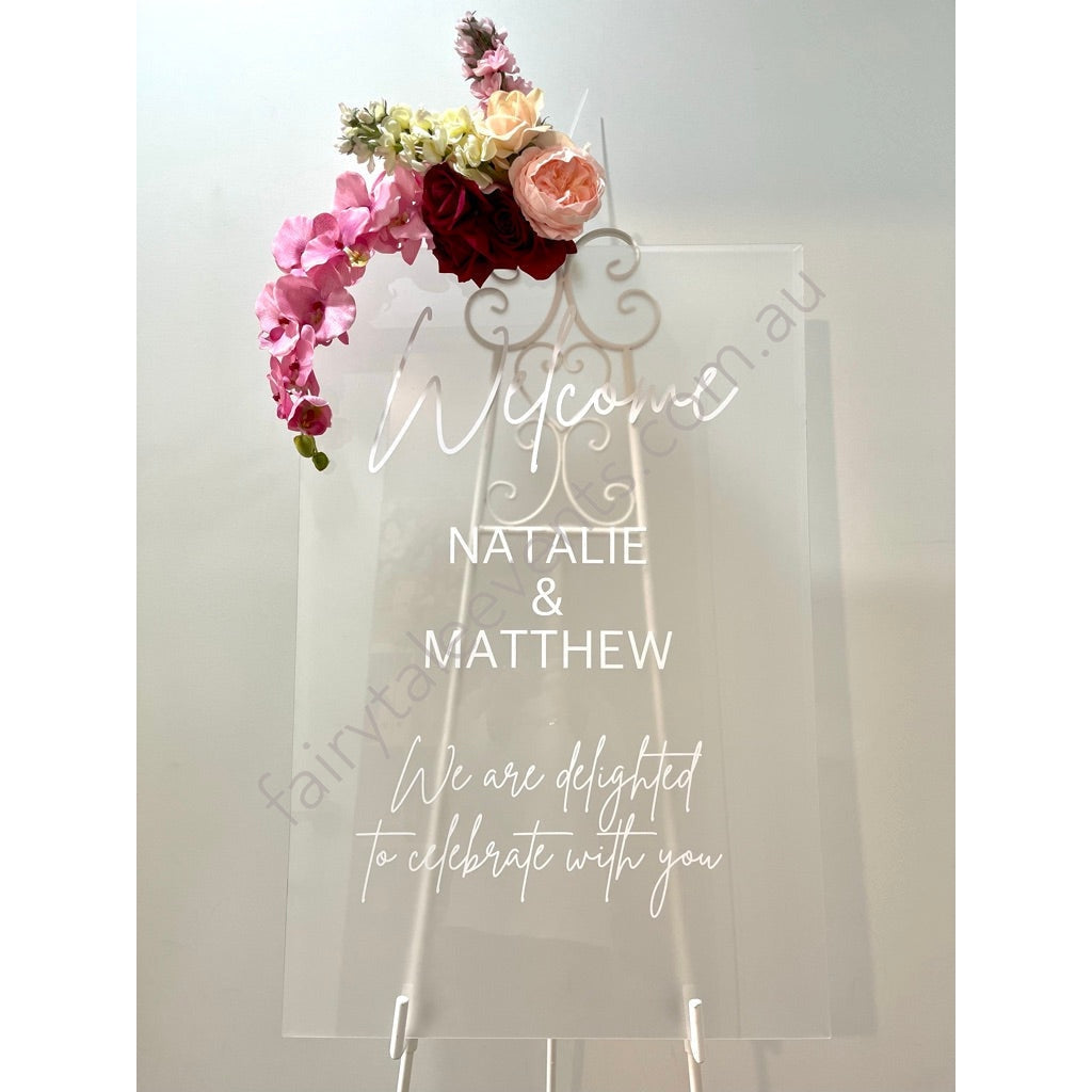 Frosted rectangle sign with Lola floral on white easel – Fairytale ...