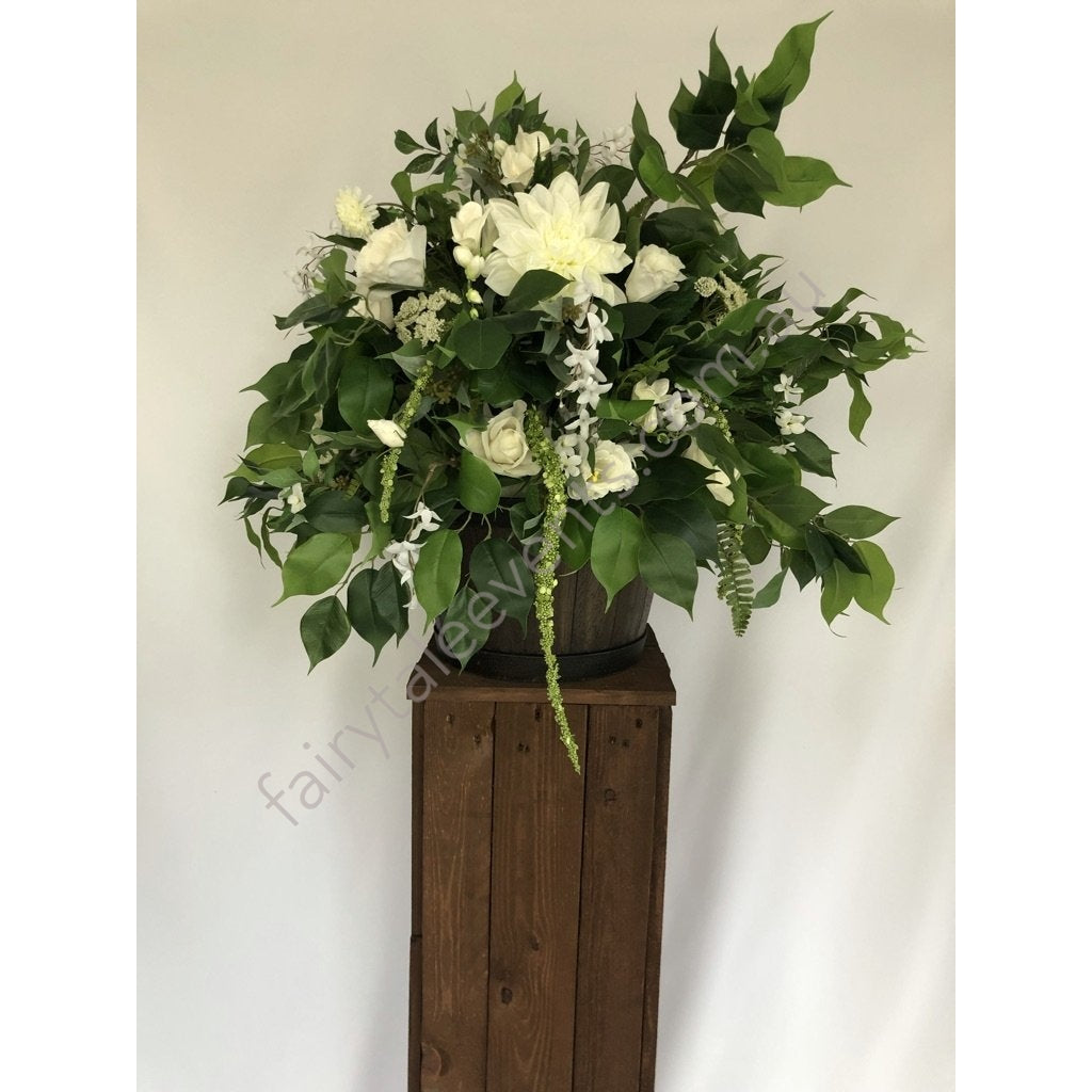 Rustic wooden plinth with Ann floral – Fairytale Events Pty Ltd