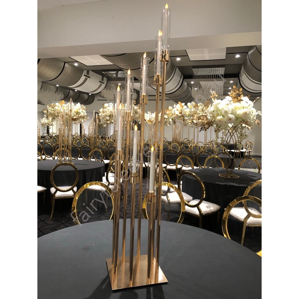 Vogue gold tall candelabra – Fairytale Events Pty Ltd